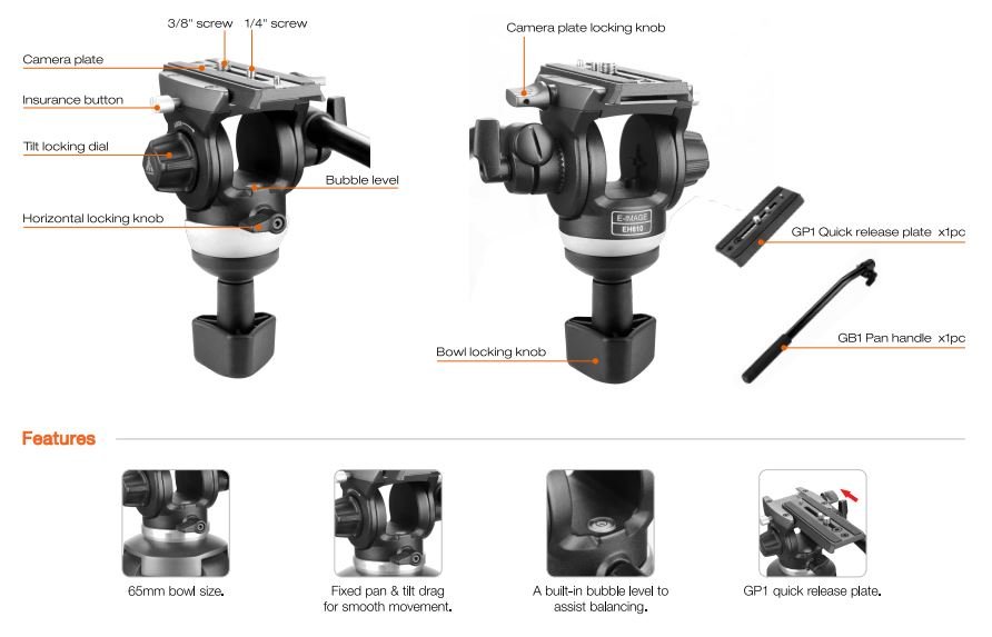 E-IMAGE EK610 Professional Compact Video Tripod with 65mm Fluid Head